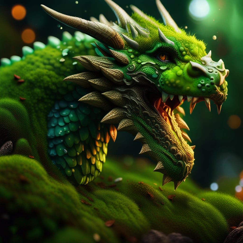 Hyperrealistic moss dragon, splash art, concept art, mid shot ...