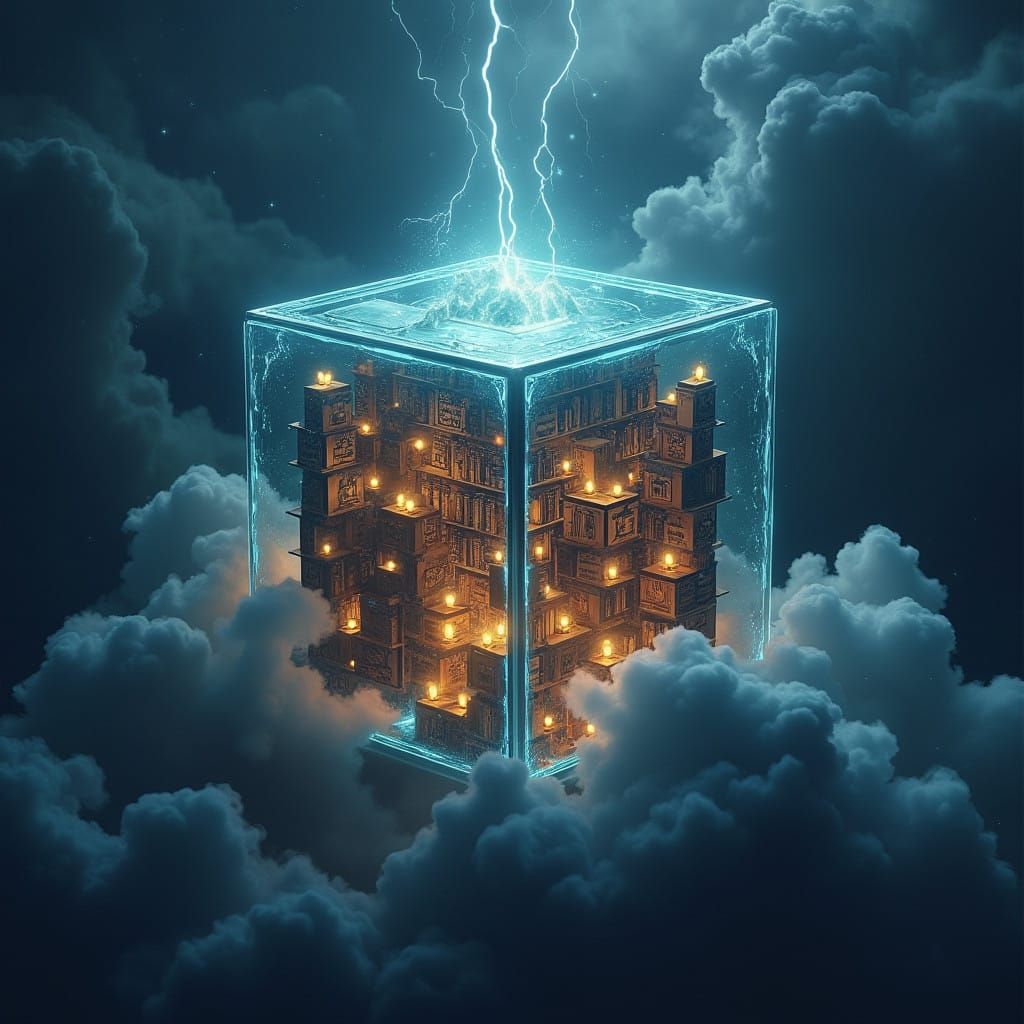 a library inside a perpetual storm cube