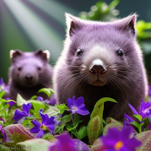 very cute purple wombat family in a flower garden, purple smoke ...