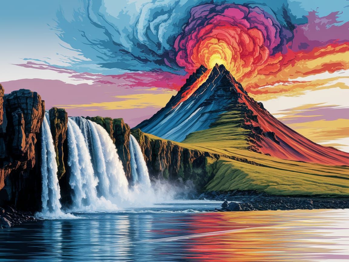 Volcano & Waterfall - Icelandic Volcano Waterfall in Alcohol...