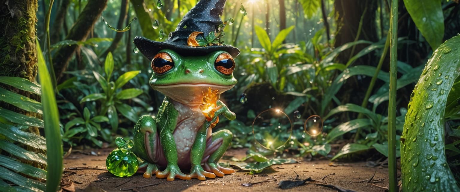 Magical frog - Whimsical Witch Frog in Tropical Forest Glory