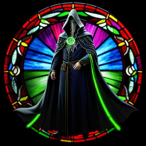 Ethereal Wizard in Vibrant Neon Stained Glass Atti... - AI Art