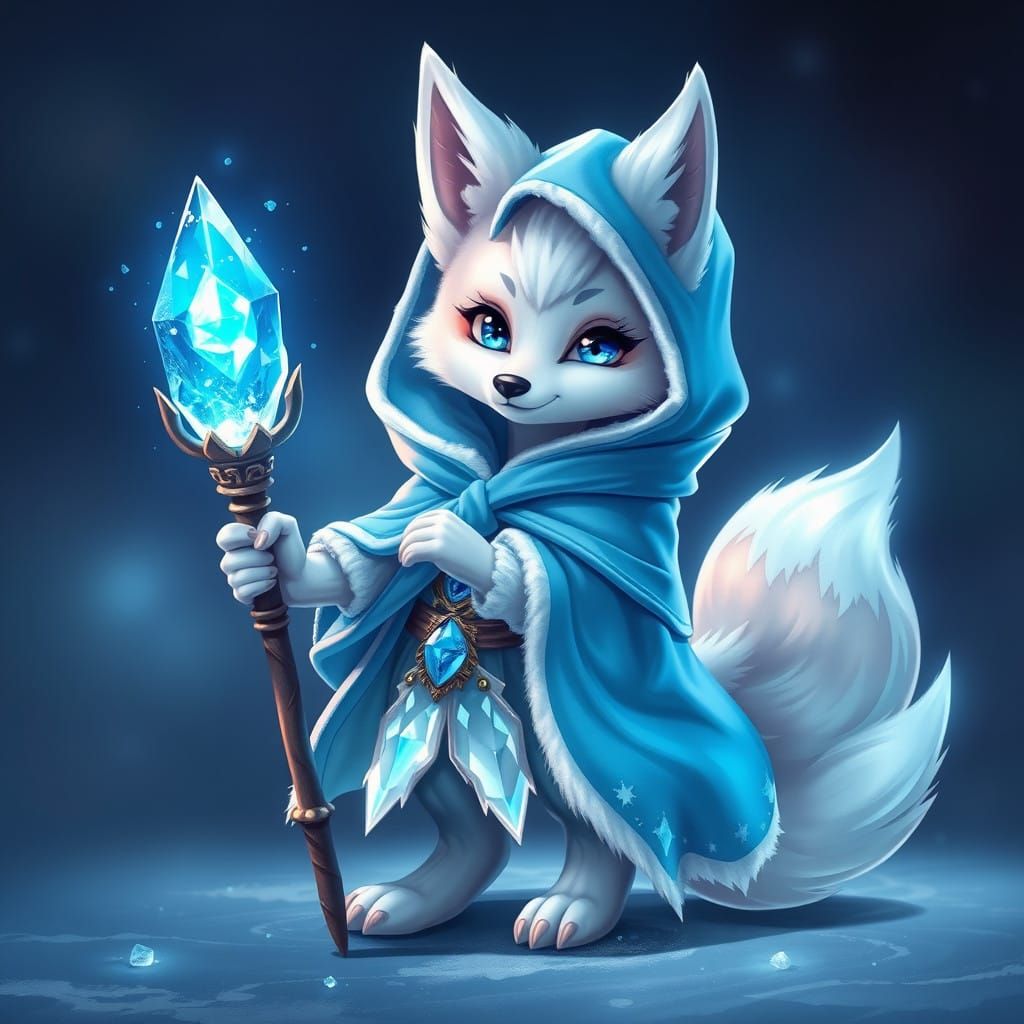 Mystical Chibi Fox in Icy Blue Cloak Wields Glowin... - AI Art