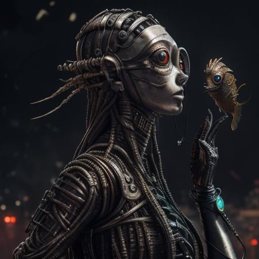 a close-up metallic mummy patched clay and wire sculpture with weird ...