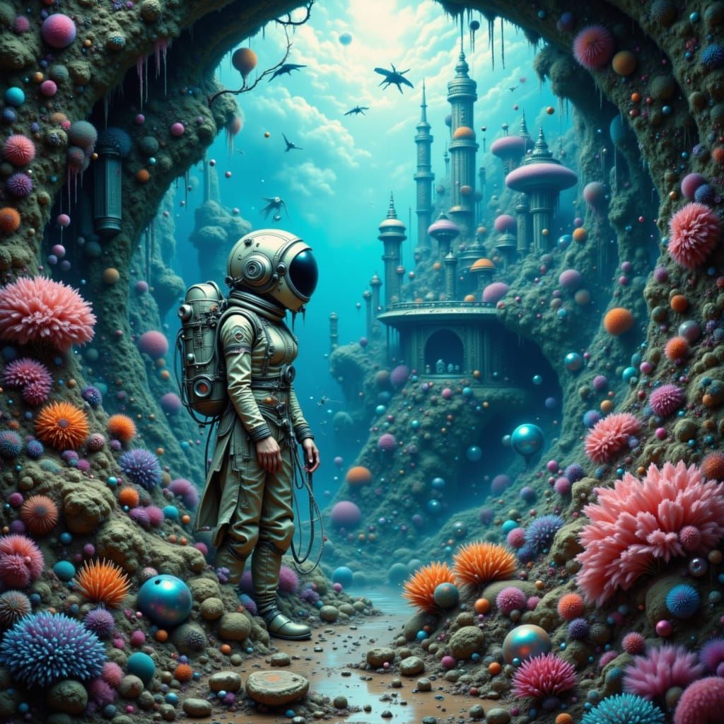 Spectral Girl Explores Underwater City in Steampun... - AI Art