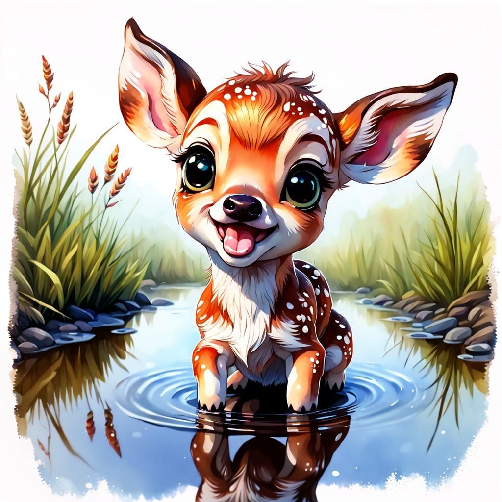 Portrait of an adorable laughing cute whimsical small chibi fawn chibi ...