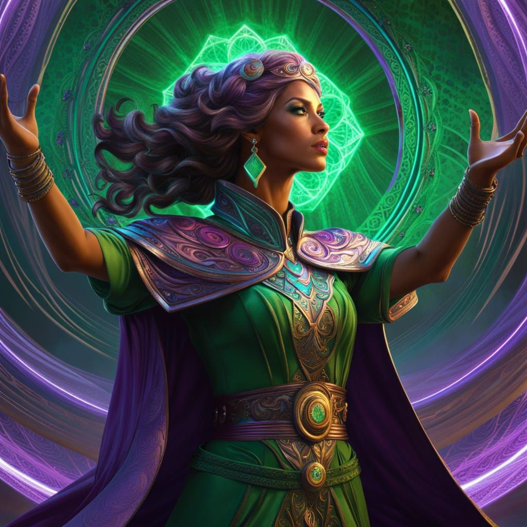 Female Mage With Raised Arms powering up a fantastic vibrant ...