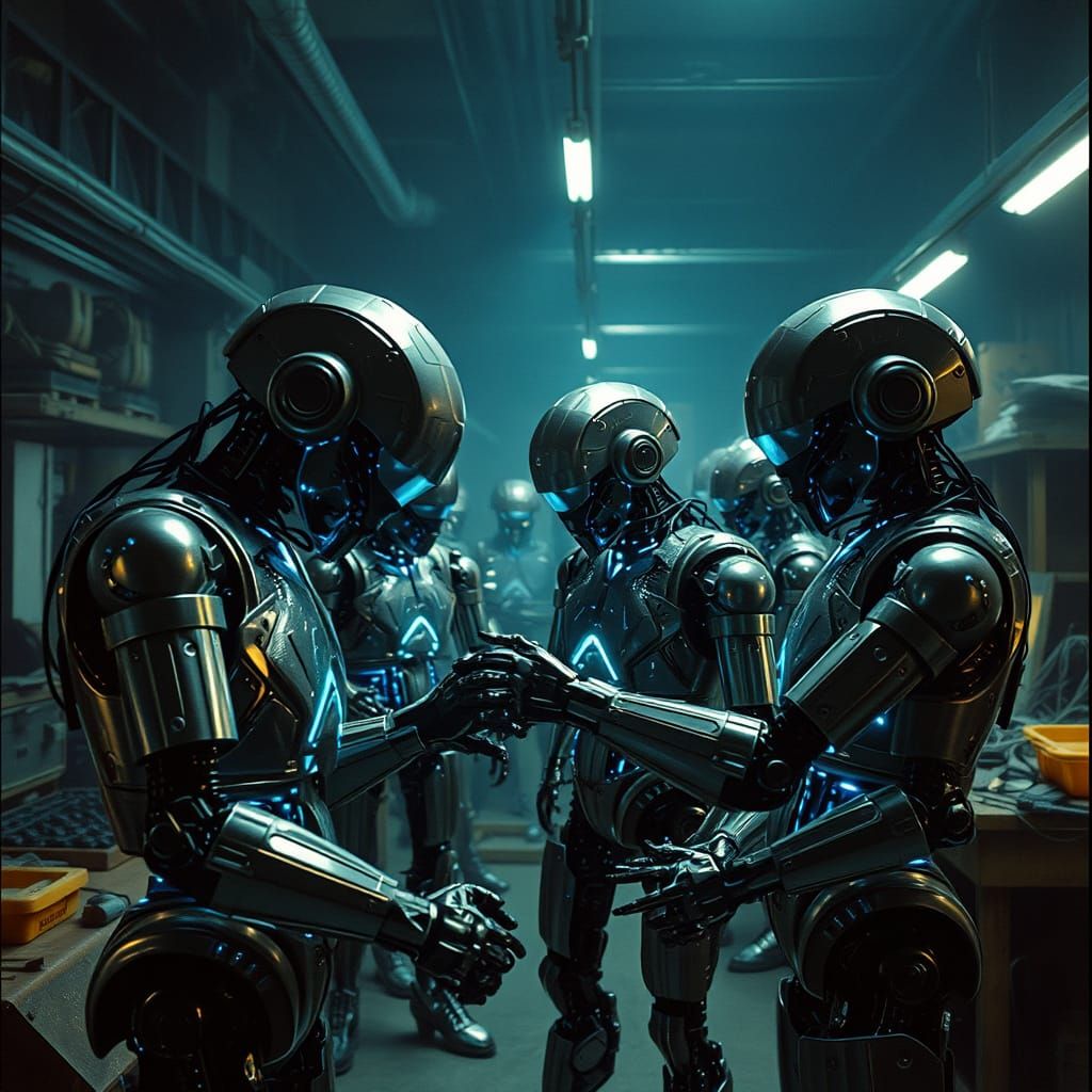 bots build bots - Robots Assemble in a Futuristic Industrial...