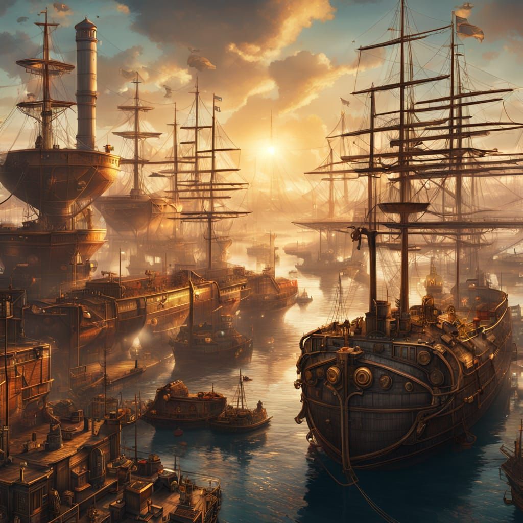 Bustling steampunk naval port - Steampunk Naval Port with Ai...