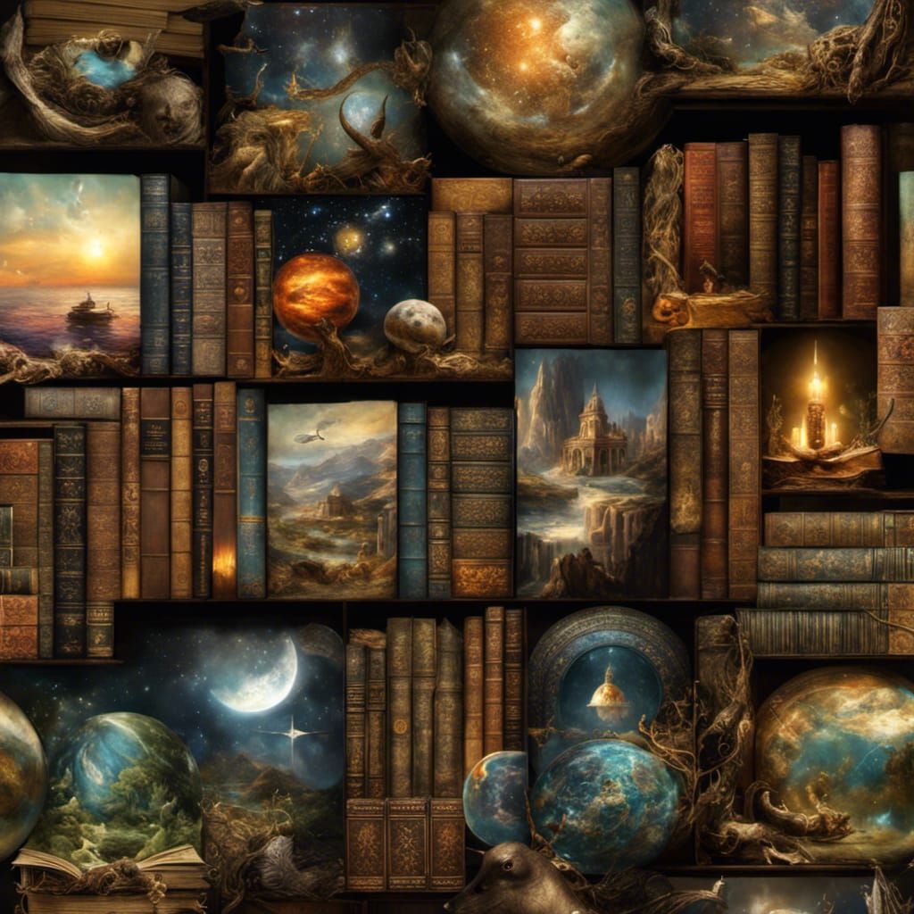 a beautiful fantastical collage of different magical books containing ...