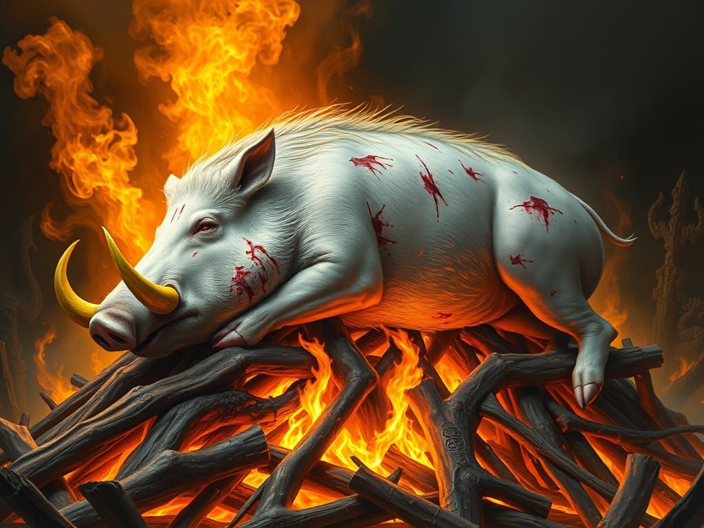 An ancient, giant white boar, gets sacrificed after an epic battle