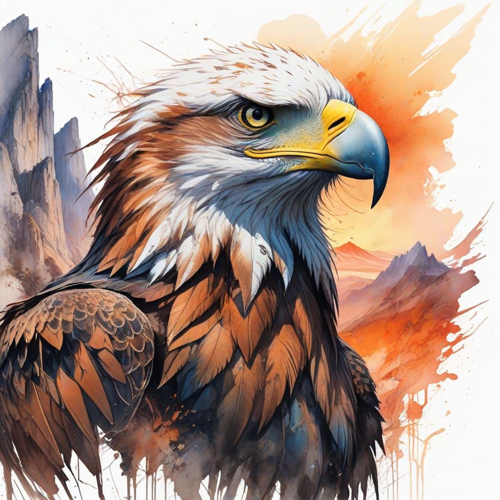 Ethereal Eagle Rises Above Turbulent Sunset Cliffs... - AI Art