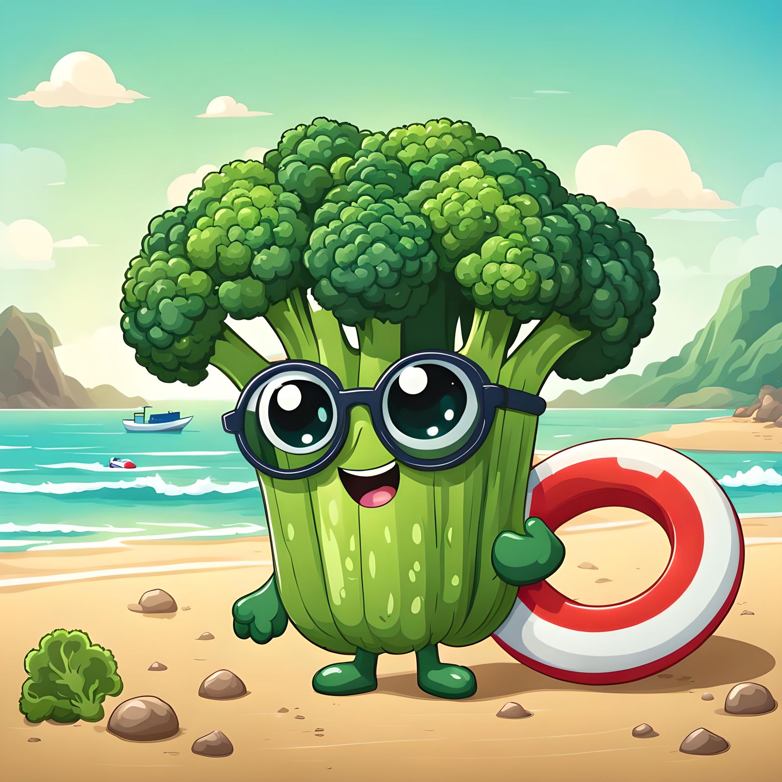 Chibi broccoli with big eyes on a beach and with a swimming ring - AI Generated Artwork ...