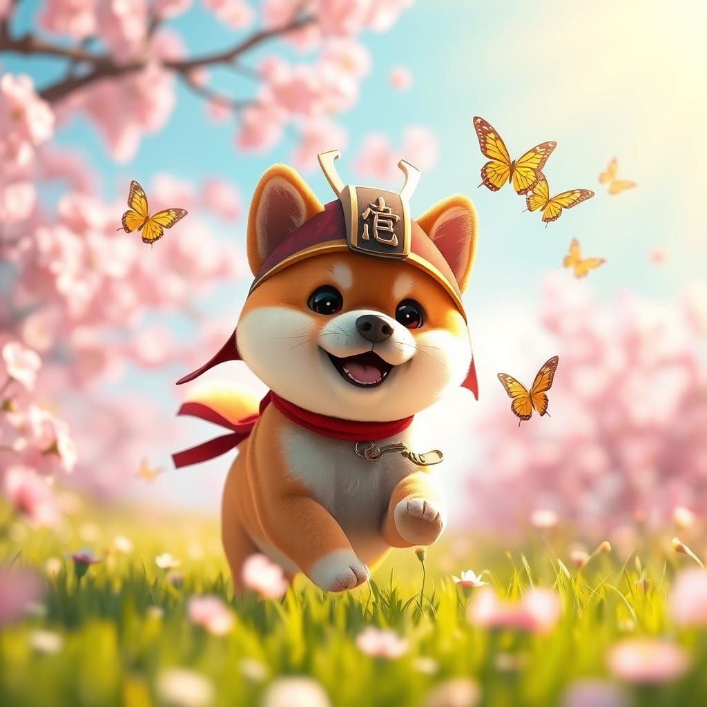 Shiba Inu Puppy in Samurai Helmet, Anime Style - AI Art