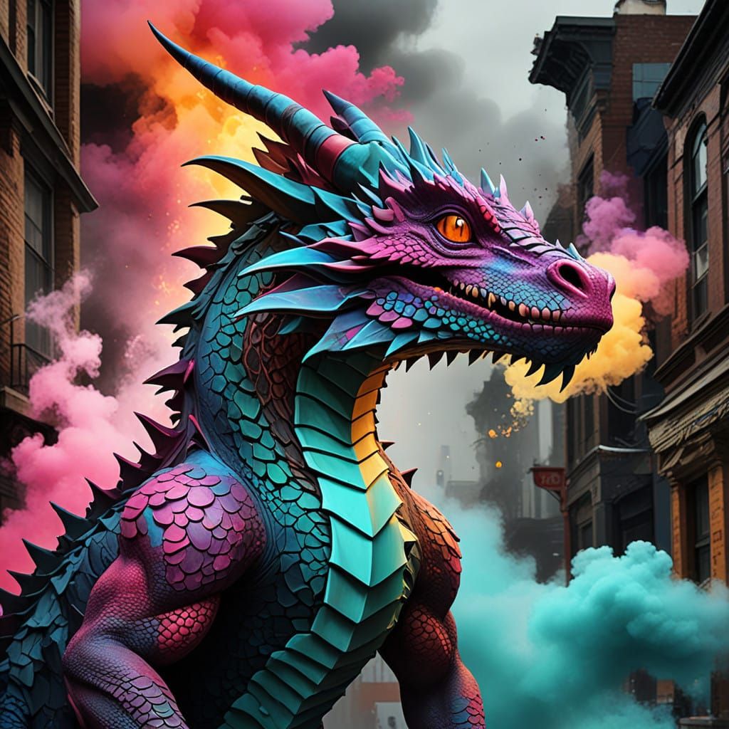 a magical super cute dragon - Vibrant Urban Dragon with Swir...