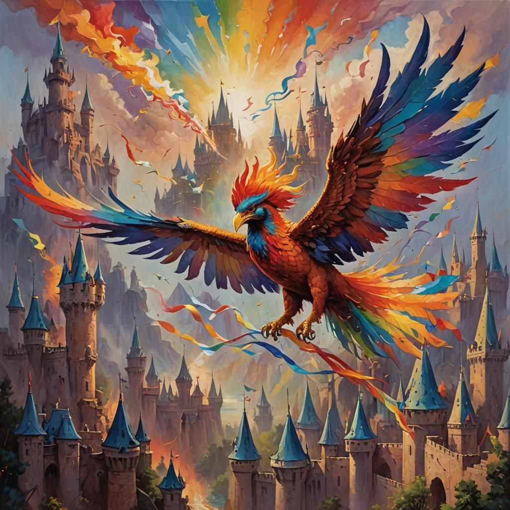 striking multi-colored fiery phoenix in flight over a fantasy castle ...