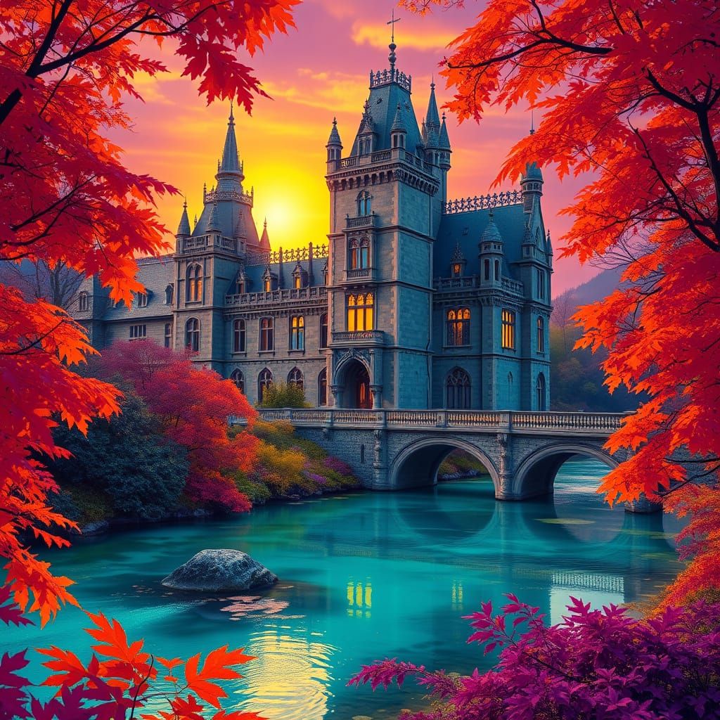 Hyper-realistic big old gothic ornate castle with a moate. Beautiful ...