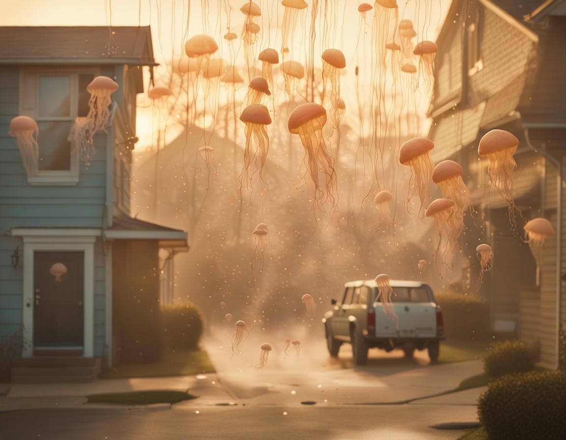 raining jellyfish over a neighborhood, 1950