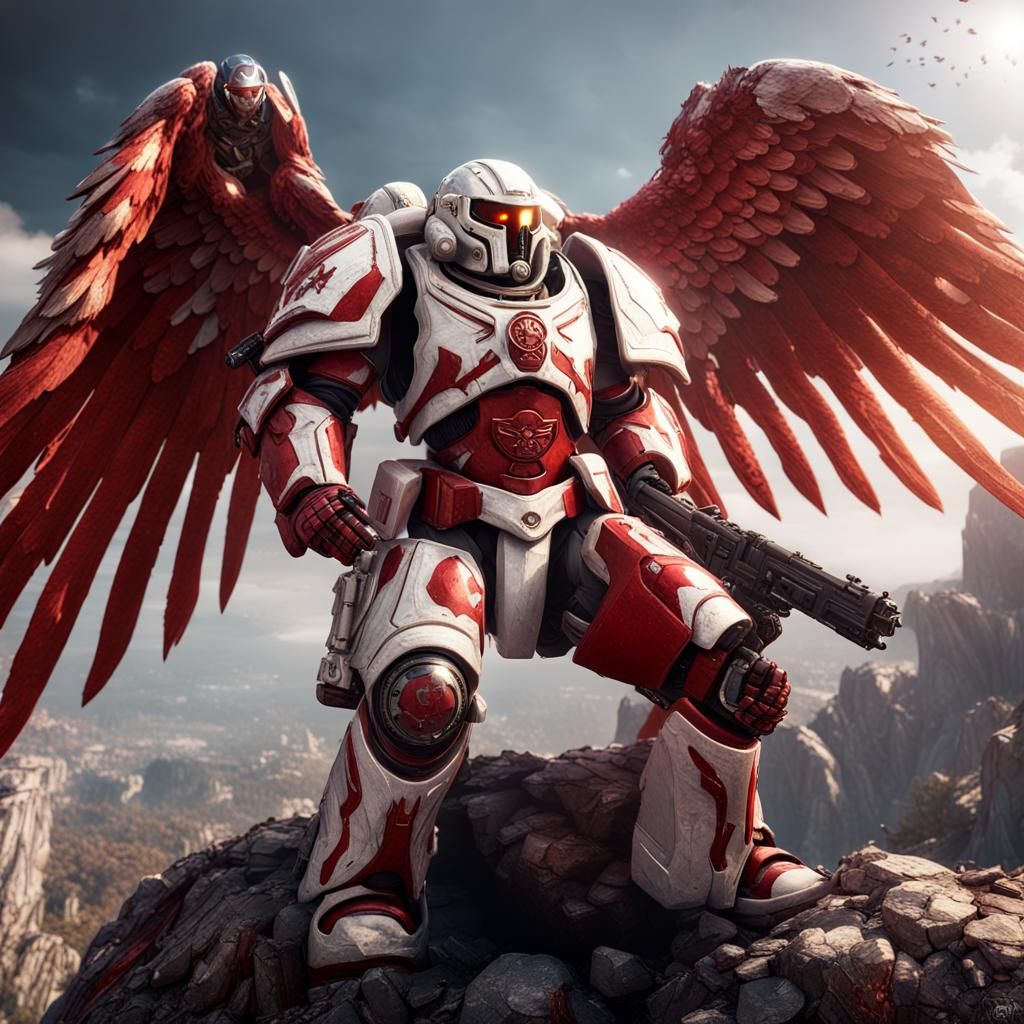 space marine in red and white armour on a cliff overlooking a Battleground.