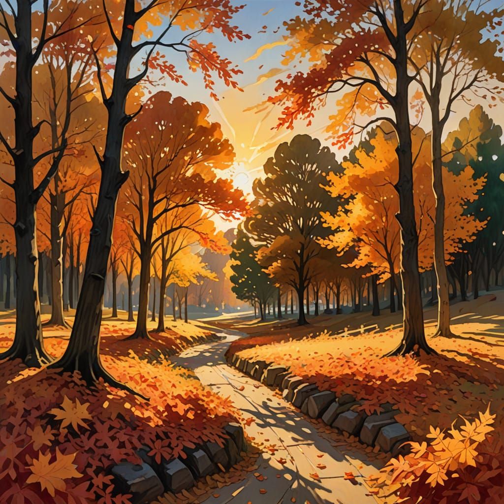 Whimsical Autumn Sunset in Vibrant Watercolor Styl... - AI Art