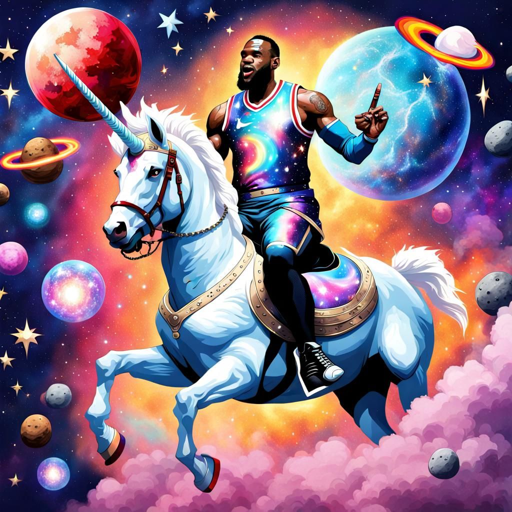 LeBron on a unicorn in a galaxy - AI Generated Artwork - NightCafe Creator