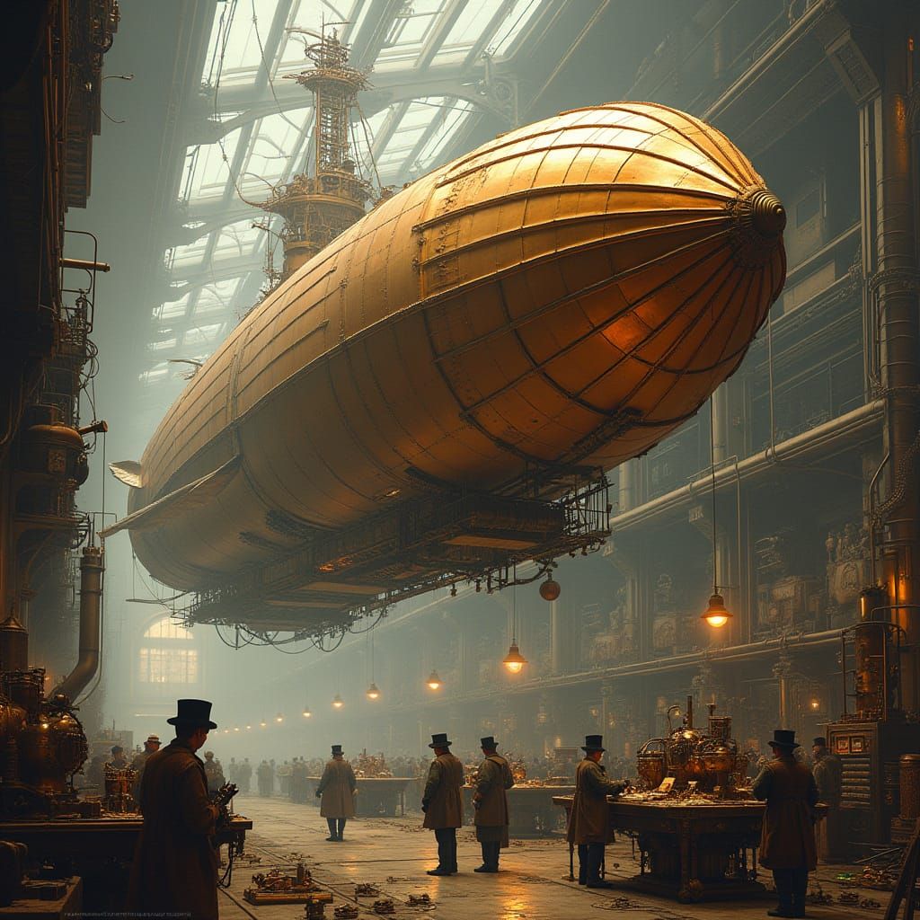 Steampunk Airship Assembled by Tiny Workers in Vic... - AI Art