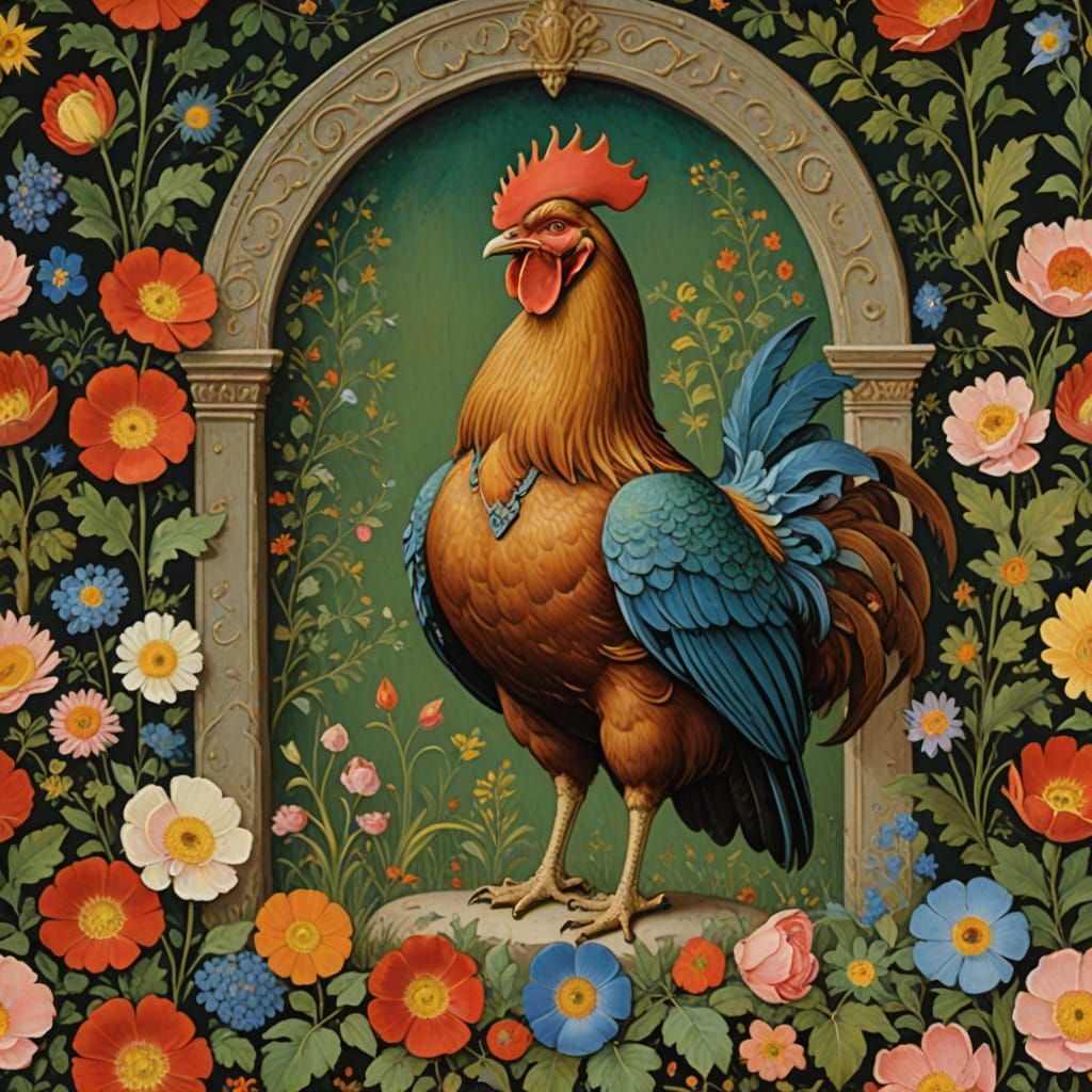 Medieval Chicken Emblem in Whimsical, Gouache Styl... - AI Art