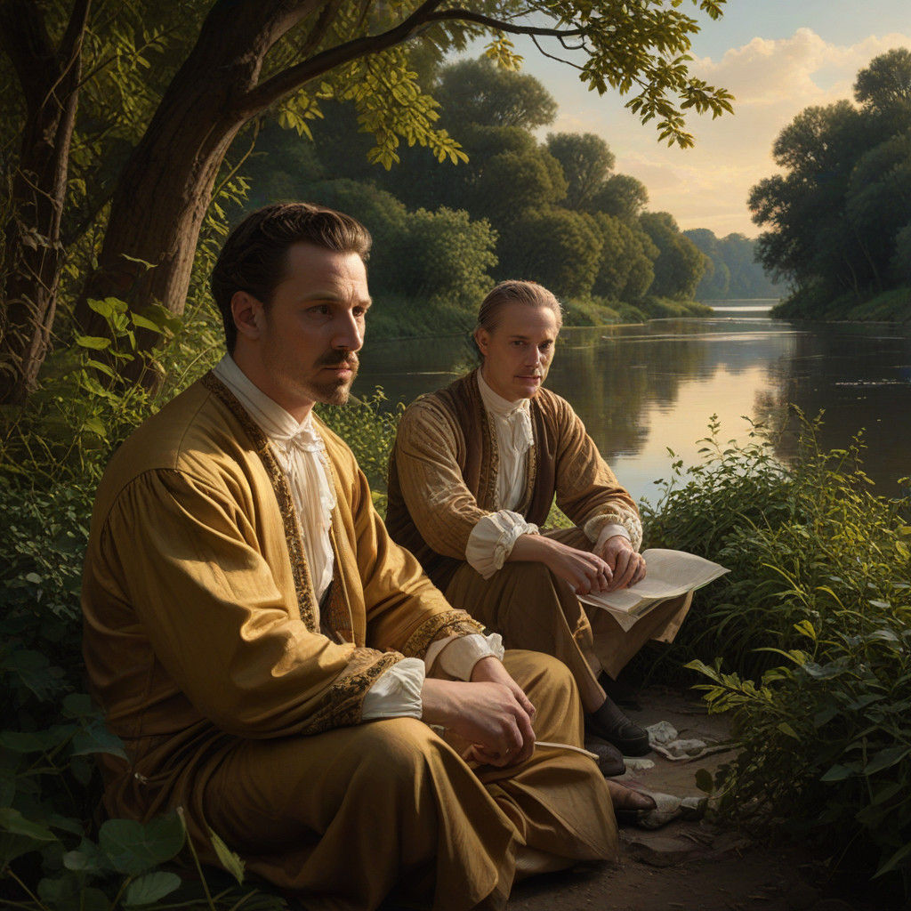 Baroque Man Reflects Along River's Edge in Warm Go... - AI Art