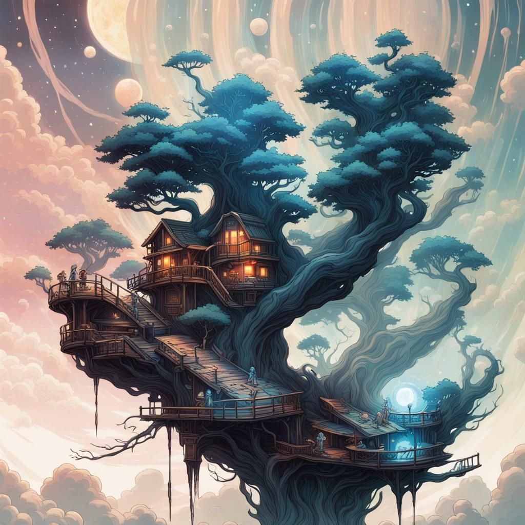 Solar system bonsai treehouse - AI Generated Artwork - NightCafe Creator