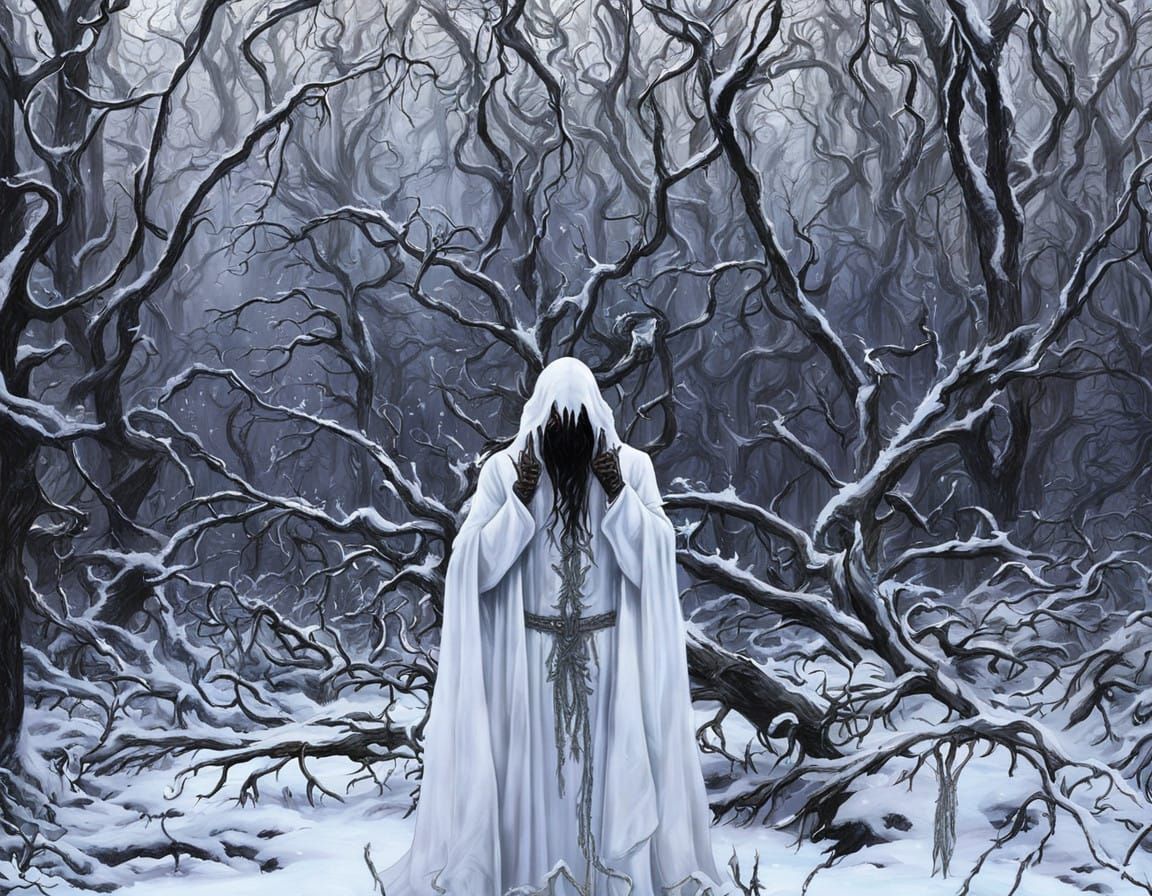 Fallen Angel Cultist in Haunted Winter Woods - AI Art