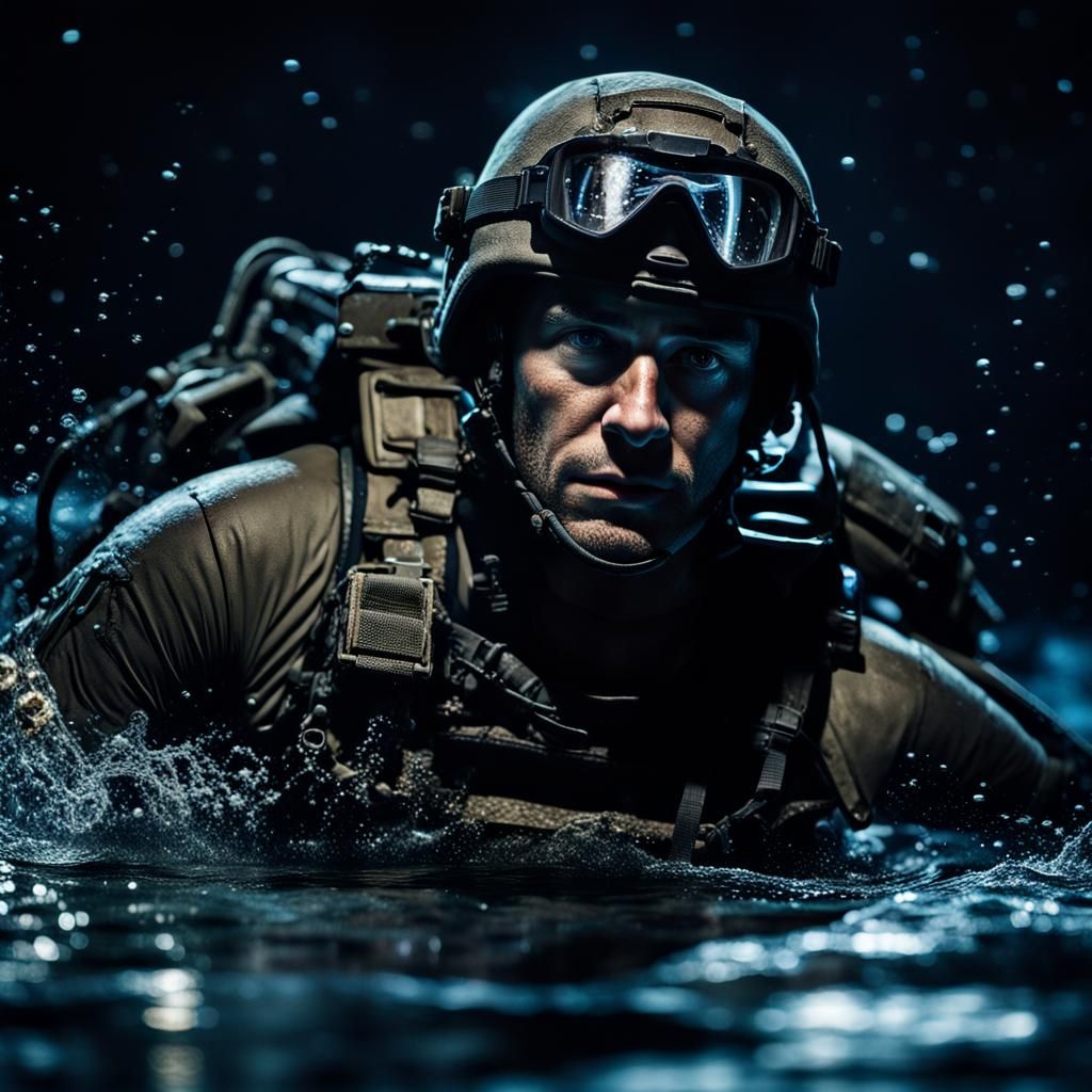 An up close portrait of a U.S. Navy SEAL swimming through enemy waters ...