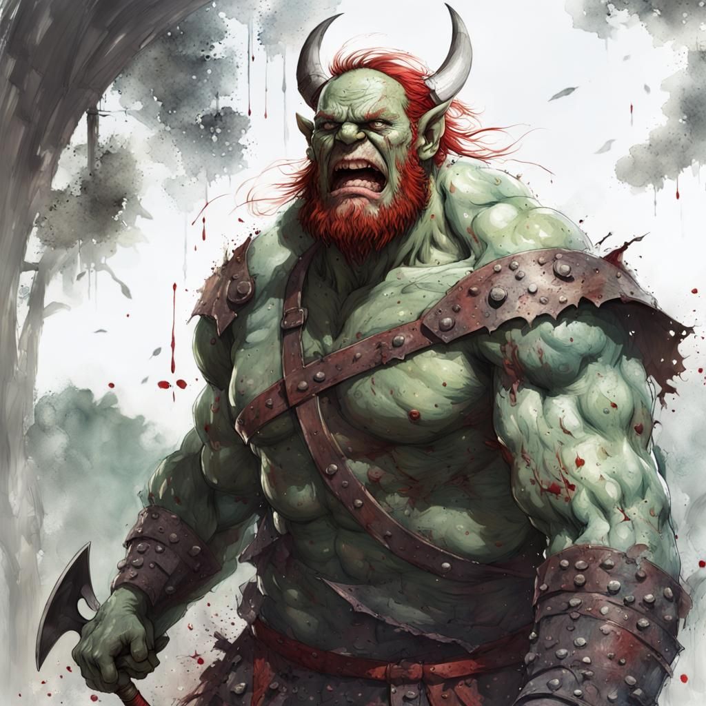 angry OGRE wields axe on battlefield. green skin, strong body, armor ...
