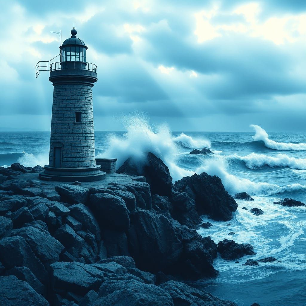 Moody Lighthouse on Stormy Coast in Blues - AI Art