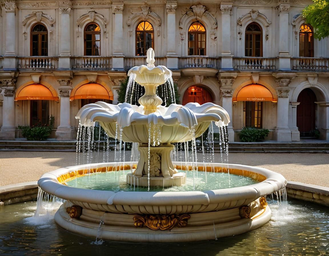 Shiw from distance: A white fountain in a Park of a baroque castle is ...