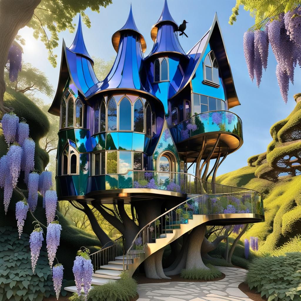 Blue chrome treehouse - AI Generated Artwork - NightCafe Creator