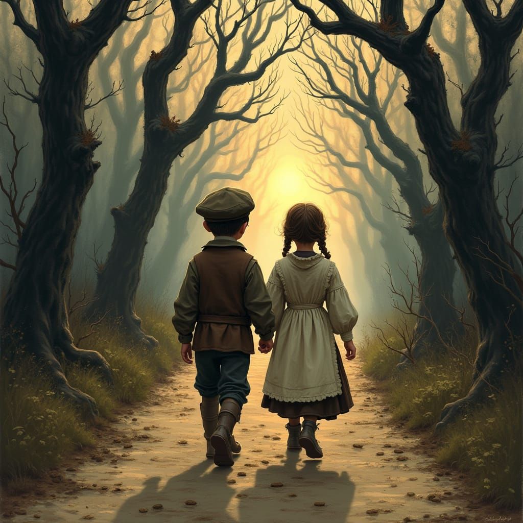 Mysterious Children Wander Dark Road in Whimsical,... - AI Art