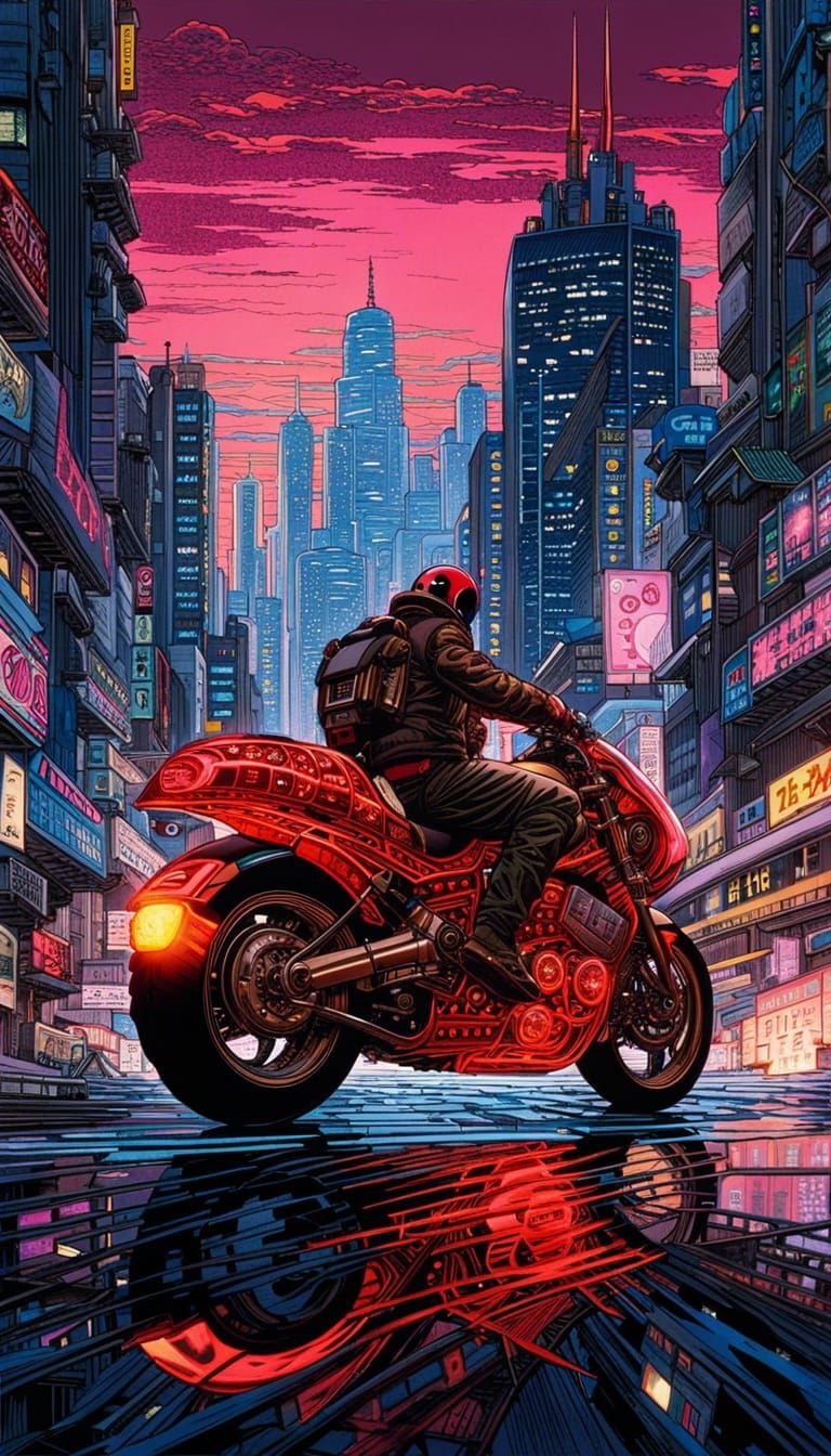 Akira-inspired motorcycle under glistening lights of neo-Tokyo ...