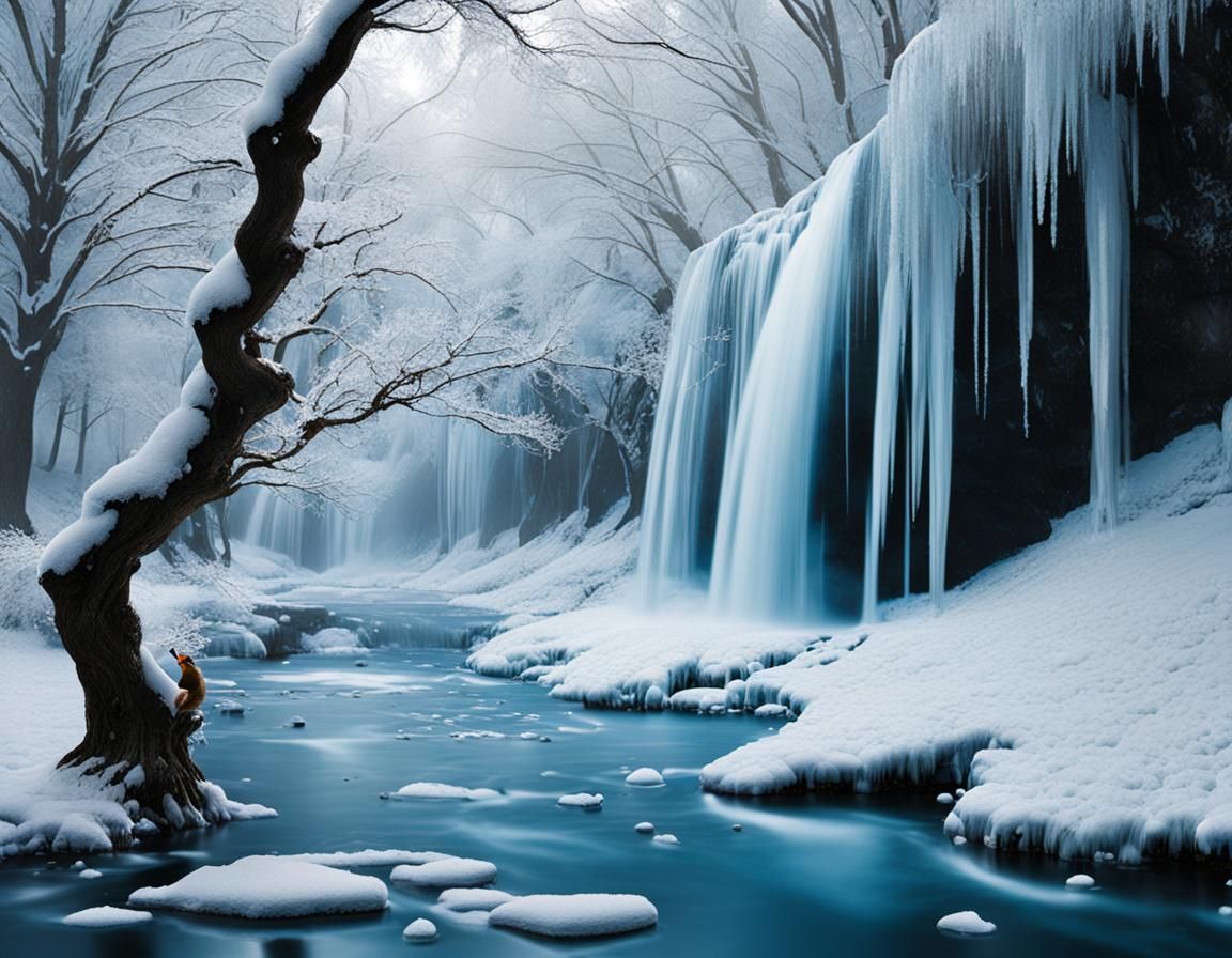 Lush waterfall scene inside water droplet falling from an ice covered ...