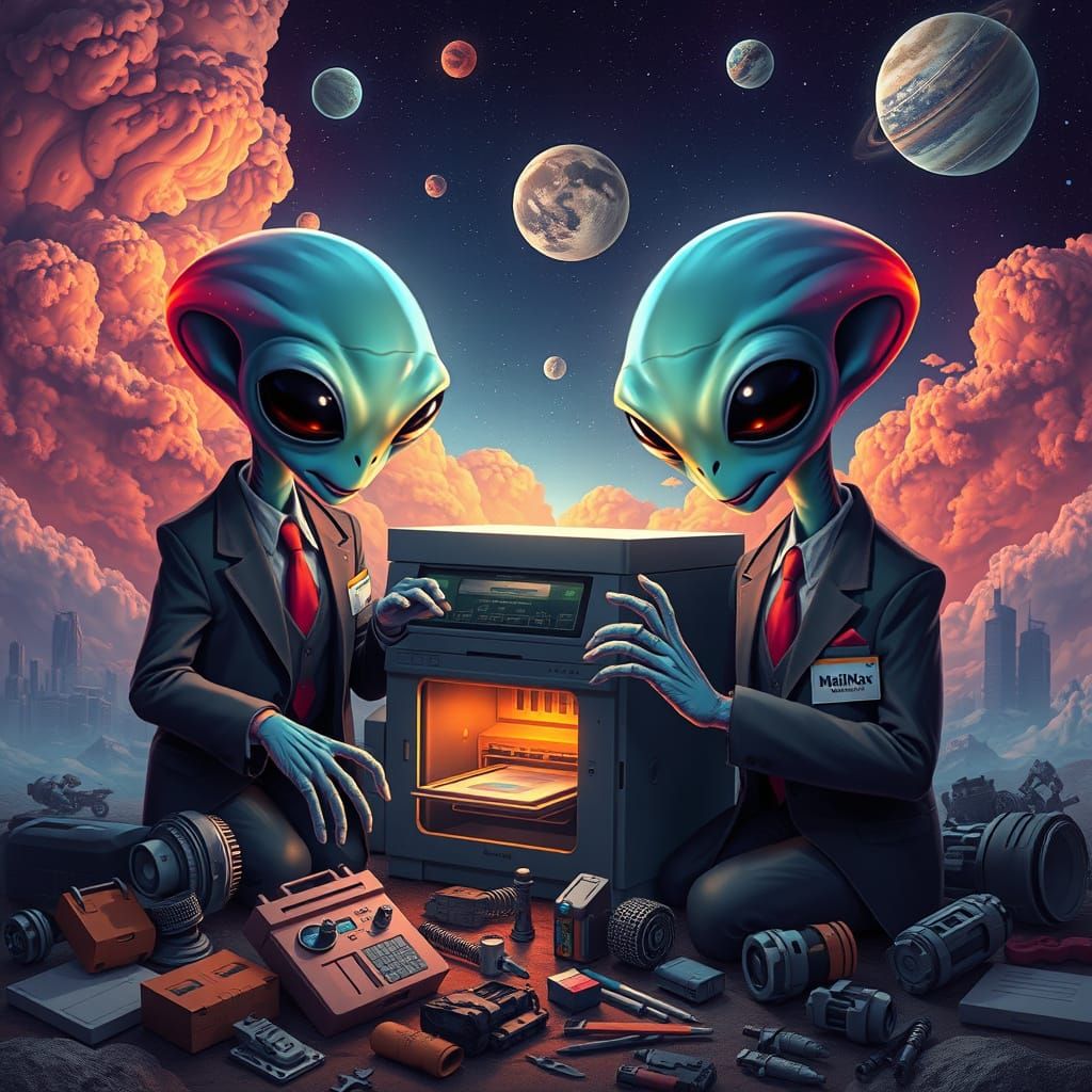Whimsical Business Aliens Tinker with Futuristic P... - AI Art