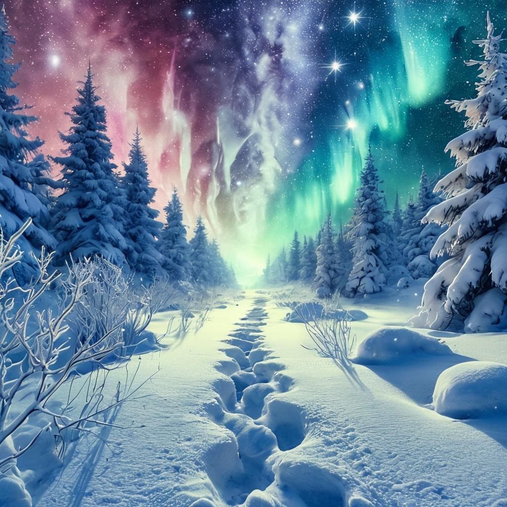 Path through the deep snow in the forest in winter with deep footprints ...