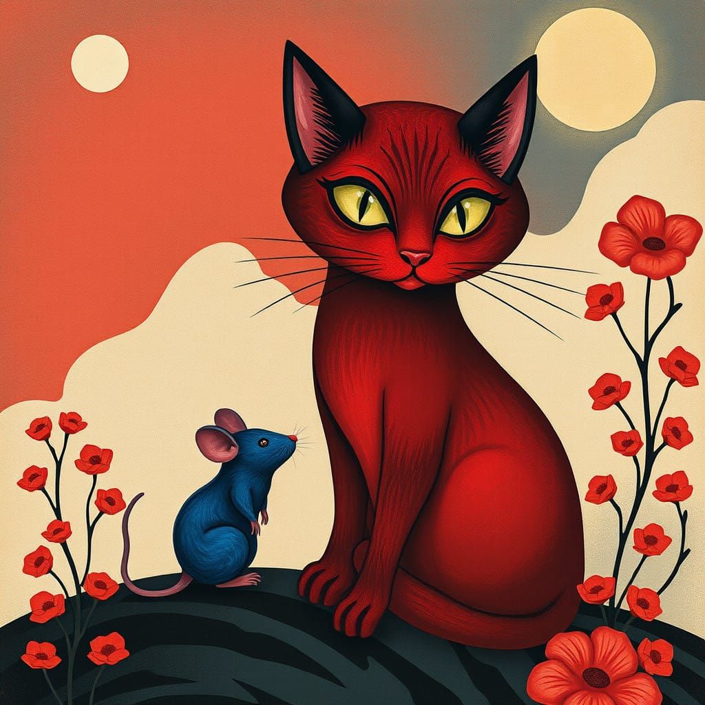 Whimsical Feline and Sapphire Mouse in a Cubist Dr... - AI Art