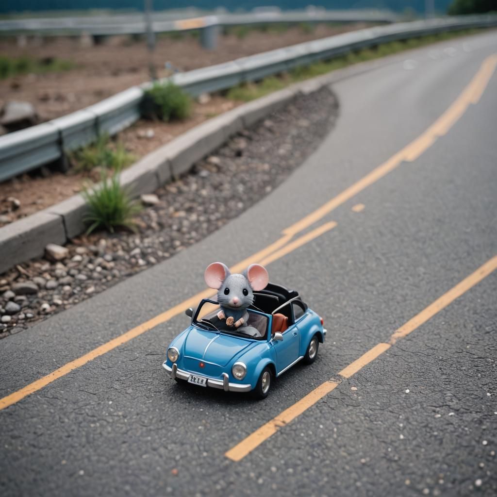 photography, chibi mouse is driving blue car on road trip - AI ...