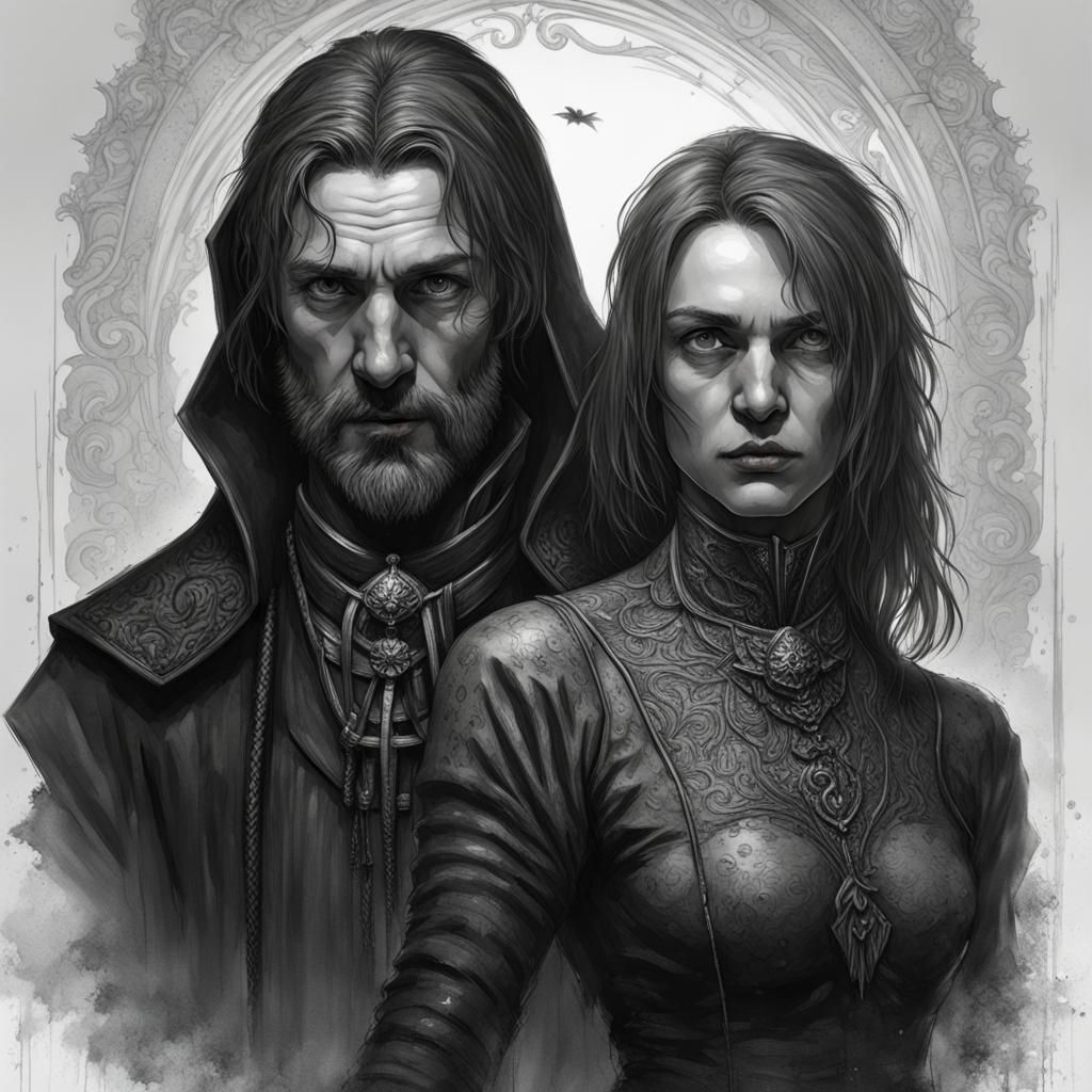 Dark, Portrait, gothic frame, couple with fishy features, no nose ...