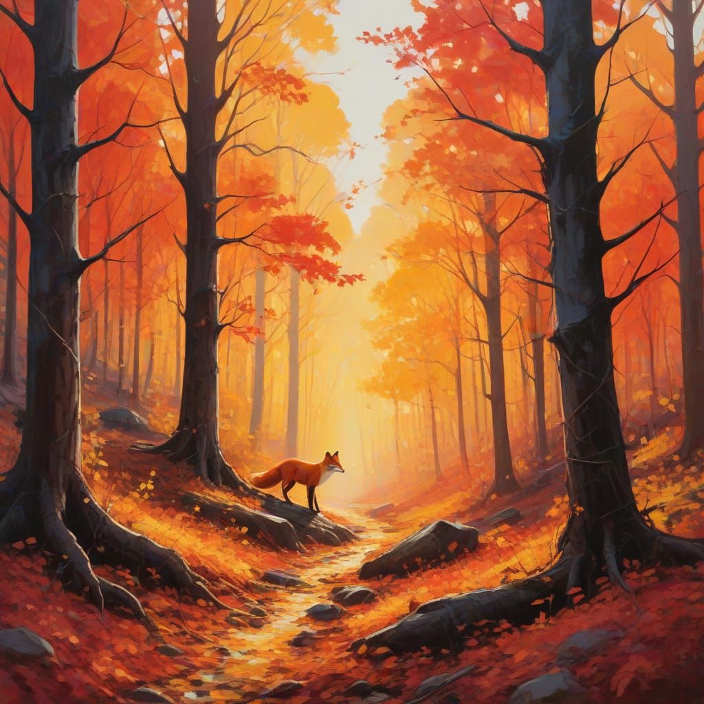 Surreal Autumn Forest Scene in Fauvist Oil Painting Style