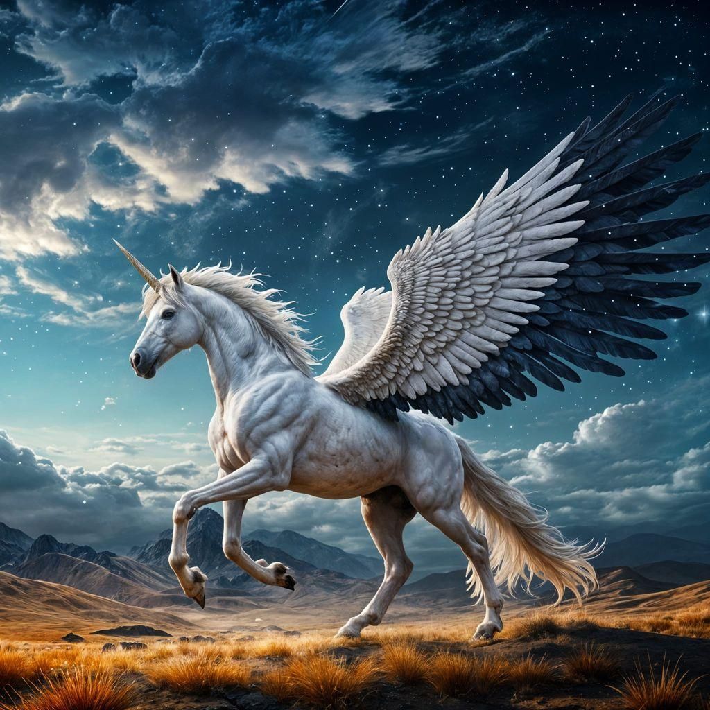 Pegasus - Majestic White Pegasus Rides the Starry Sky