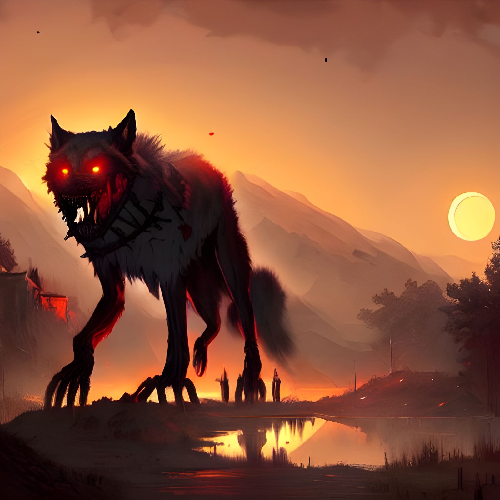 werewolf in a village underneath a blood red moon by Greg Rutkowski ...