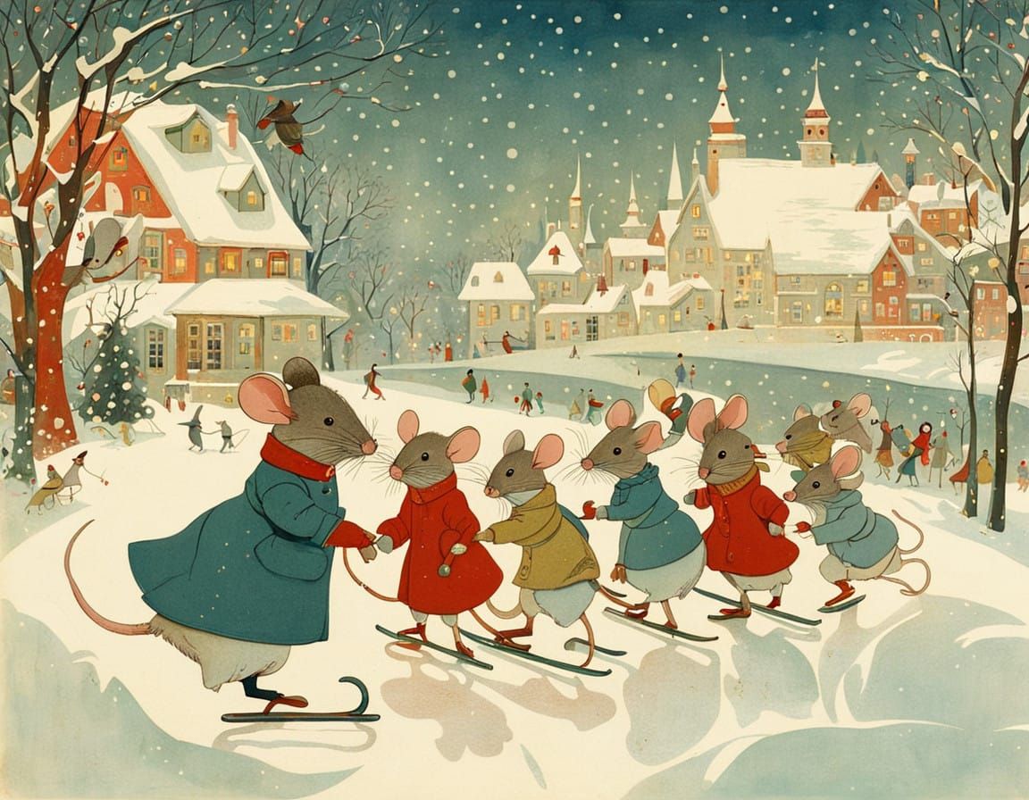 early 20th century mice family ice skating
