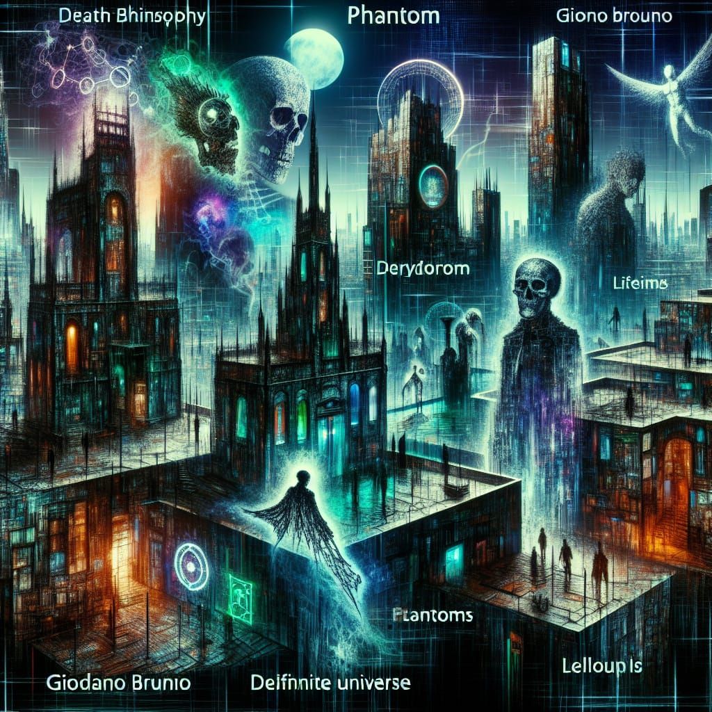 Death-punk cityscape with apparitions and phantasms from Giordano Bruno ...