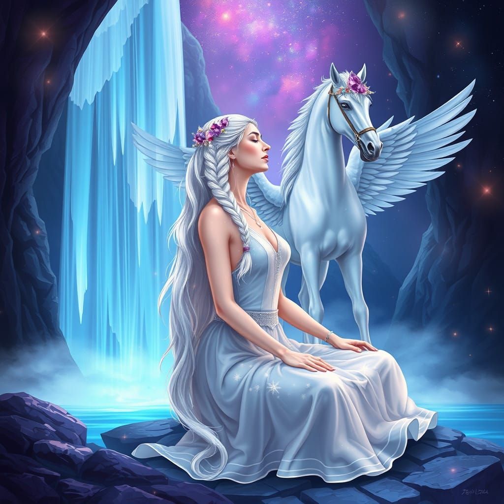 A beautiful young Pleiadian female with long plaided white hair decorated with stars, and ...