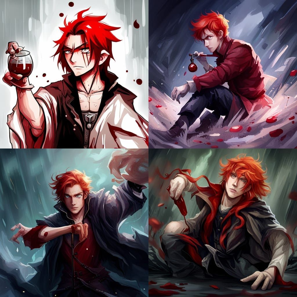 The Blood Alchemist, male, red-haired, wearing red and black, creating ...